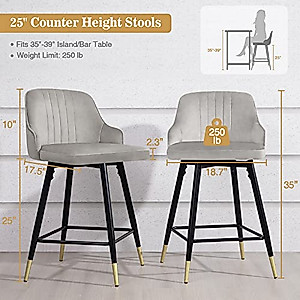 Swivel Barstool Set of 2: 25" Counter Height Bar Stools, Modern Bar Stools for Kitchen Island, Velvet Counter Stool with Back,Island Chairs for Kitchen Counter, 2 Counter Stools, Grey Bar Chair