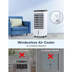 CENSTECH Evaporative Air Cooler, Swamp Cooler Air Conditioner w/ 12H Timer for Auto-off, 6 Upgraded Ice Packs, 3-Speed Windowless Air Conditioner, Smart Remote, Dual Tank Portable Air Cooler for Room