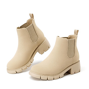 Athlefit Girls Ankle Boots Kids Comfortable Slip on Lug Sole Chelsea Booties for Toddler Little Kid Big Kid Apricot Size 2