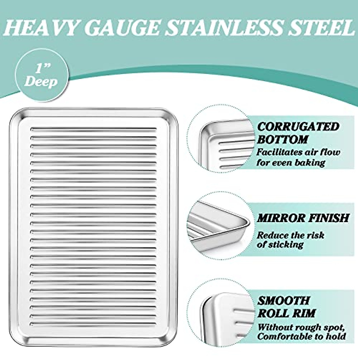 Baking Sheet Cookie Sheet Set of 2, Deedro Stainless Steel Baking Pan Professional Oven Tray Half Sheet Rectangle Size 17.3 x 12.3 x 1 Inch, Nontoxic & Rust Free & Dishwasher Safe