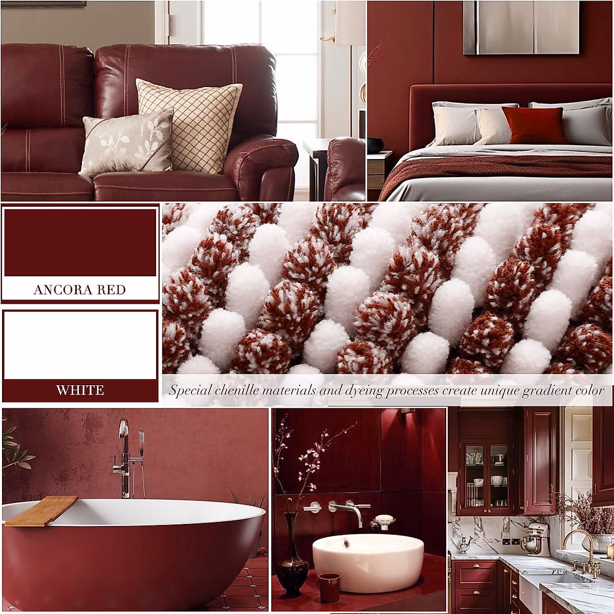 Bathroom Rugs and Mats Sets, 2 Piece Thick Absorbent Chenille Bath Mat Rug Set Non Slip, Soft Shaggy Bath Room Floor Mats for Bathroom, Machine Washable (Burgundy Red, 20" x 47" Plus 16" x 24")