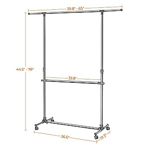 SONGMICS Double Rod Clothes Rack, Adjustable Garment Clothing Rack, Hanging Rail on Wheels, Gray ULLR401