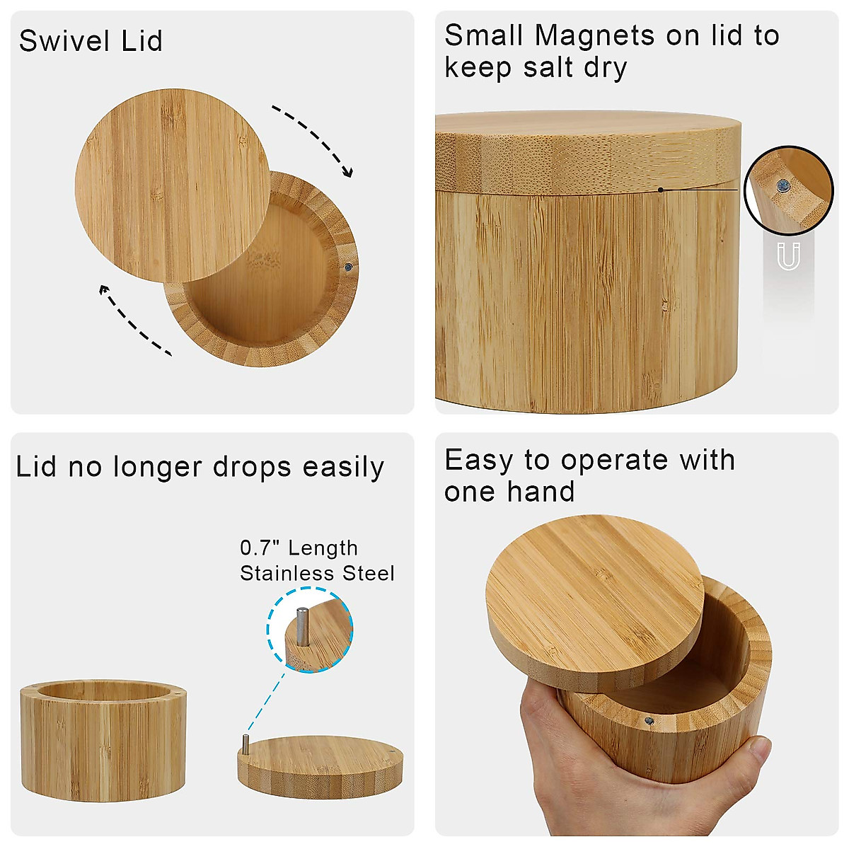 HTB Bamboo Salt Box With Magnetic Swivel Lid, 8.5oz Round Spice Container, Secure Durable Storage & Organization for Seasonings, Herbs
