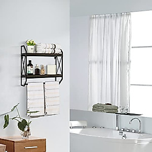 Abyssfish 2 Tier Metal Industrial Bathroom Shelves with Towel Bar Floating Storage Organizer Shelves Rustic Wall Mounted Shelves Over Toilet Towel Rack for Bathroom, Bedroom, Kitchen