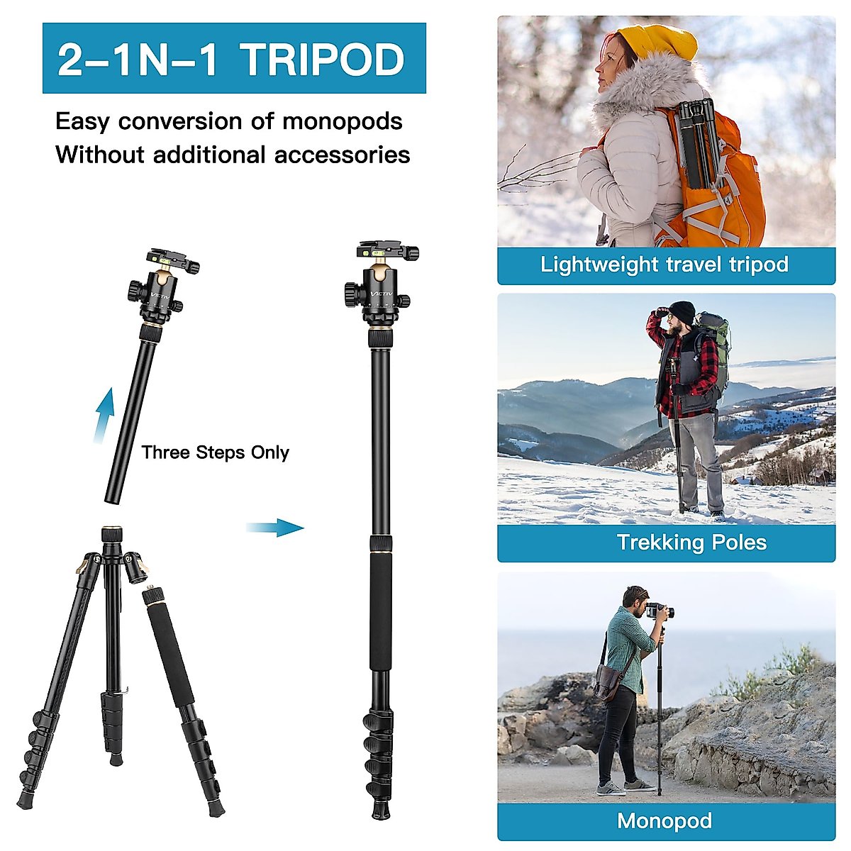 Tripod for Camera, Professional DSLR Tripod for Photography, Tall Camera Tripod Stand, Lightweight Heavy Duty Tripod for Spotting Scopes, Telescope and Binoculars, Compact Complete Tripod Units