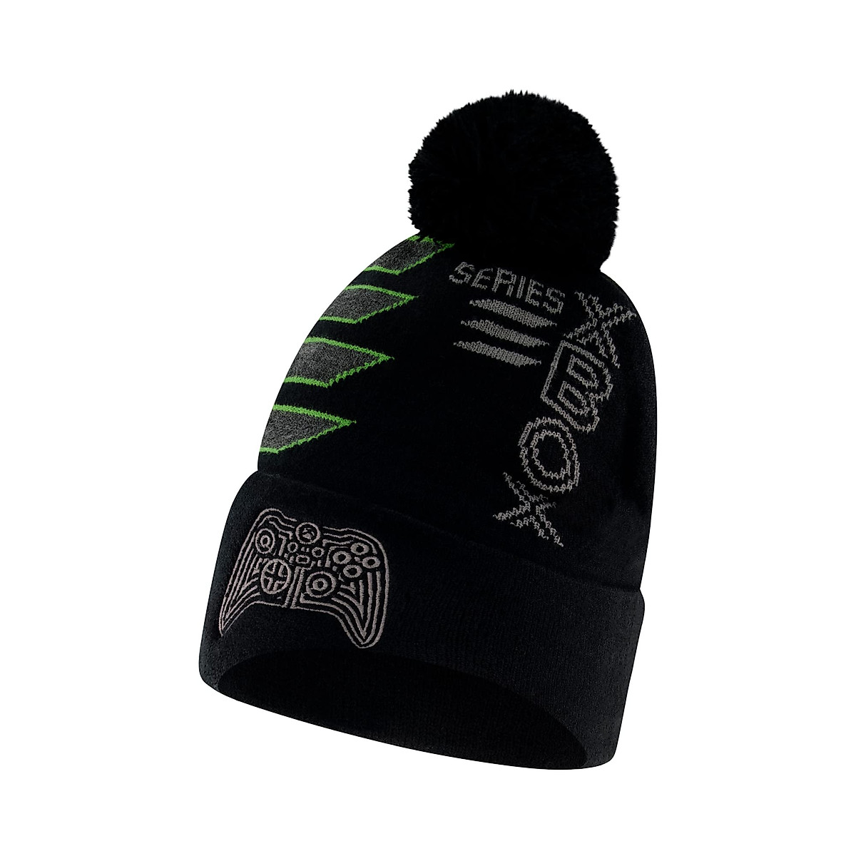 Concept One Xbox Series X Beanie Hat, Controller Design Cuffed Knit Winter Cap with Pom, Black, One Size
