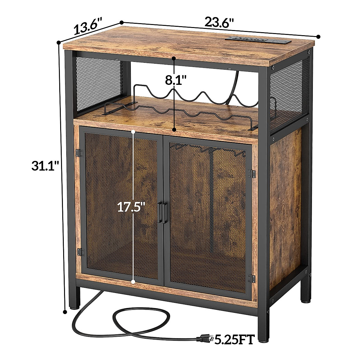Unikito Wine Bar Cabinet with Power Outlet & LED Light, Home Mini Coffee Bar with Glass Holder, Liquor Cabinet with Wine Rack, Small Sideboard and Buffet Cabinet for Kitchen Dining Room, Rustic Brown