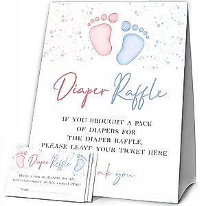JCVUK Baby Shower Games, 1 Diaper Raffle Standing Sign with 50 Diaper Raffle Tickets, Baby Footprints Theme Gender Reveal Party Decorations and Supplies For Boys or Girls(LBLK-A03)