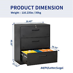 Anwickhomk Lockable 3-Drawer Lateral File Cabinet for Legal/Letter A4 Size,Heavy Duty Metal Filing Cabinet with Large Deep Drawers and Key Locks for Home Office (3 Drawers, Black)