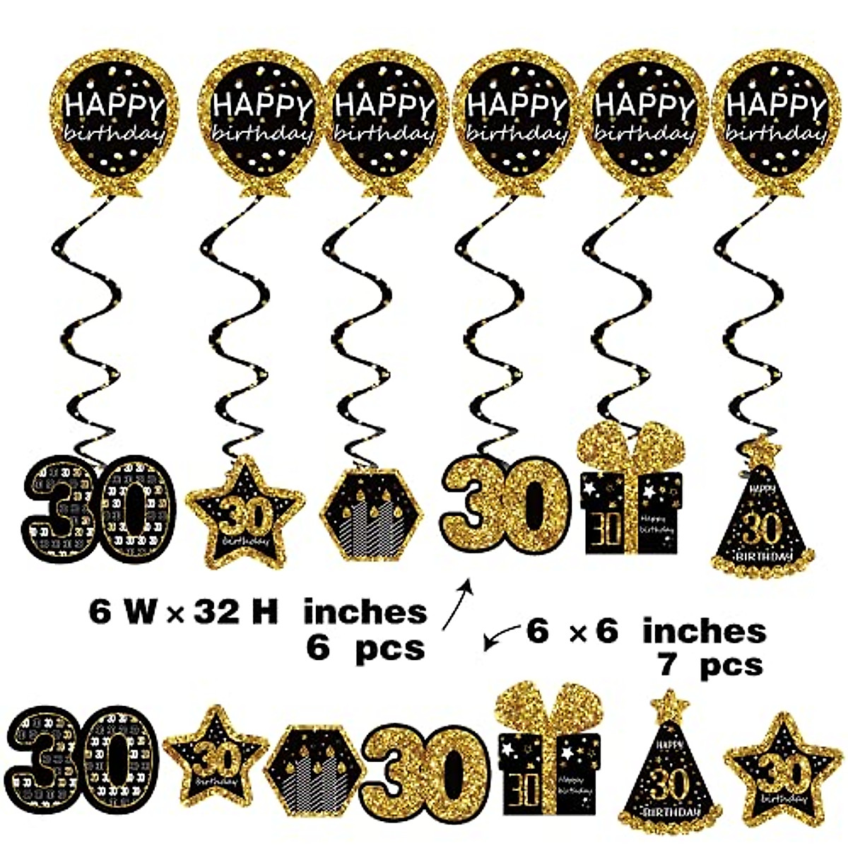 30th birthday decorations for him - (21pack) cheers to 30 years black gold glitter banner for him her, 6 paper Poms, 6 Hanging Swirl, 7 decorations stickers. 30 Years Old Party Supplies gifts for men