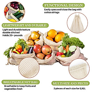 MAQIHAN 6 Pack Reusable Produce Bags Cotton Mesh Produce Bags Mesh Storage Produce Bags Reusable Durable Double Stitched With Drawstring Produce Bag For Vegetables,Fruit & Grocery Shopping (2L,2M,2S)