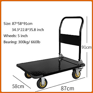 ELEFOCUS Flatbed Hand Cart Steel Platform Truck Folding Hand Cart with Handle and 360 Degree Swivel Wheels (Size:5in Wheels with Brake)