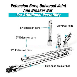 DURATECH 1/2" Drive Socket Set, 33-piece, Including Metric/SAE Sockets, 1/2-Inch Ratchet, Breaker Bar and Socket Adapters