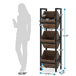 Tribesigns Basket Stand, 3 Tier Wood Shelving Unit with Baskets, Rustic Vertical Standing Basket Storage Tower for Kitchen Bathroom Living Room