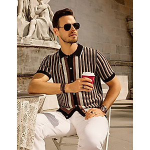 Mens 1950s Striped Polo Shirts Vintage Short Sleeve Button Down Polos 70s Italian Stylish Knit Shirt Retro Fashion Clothes Black-Coffe