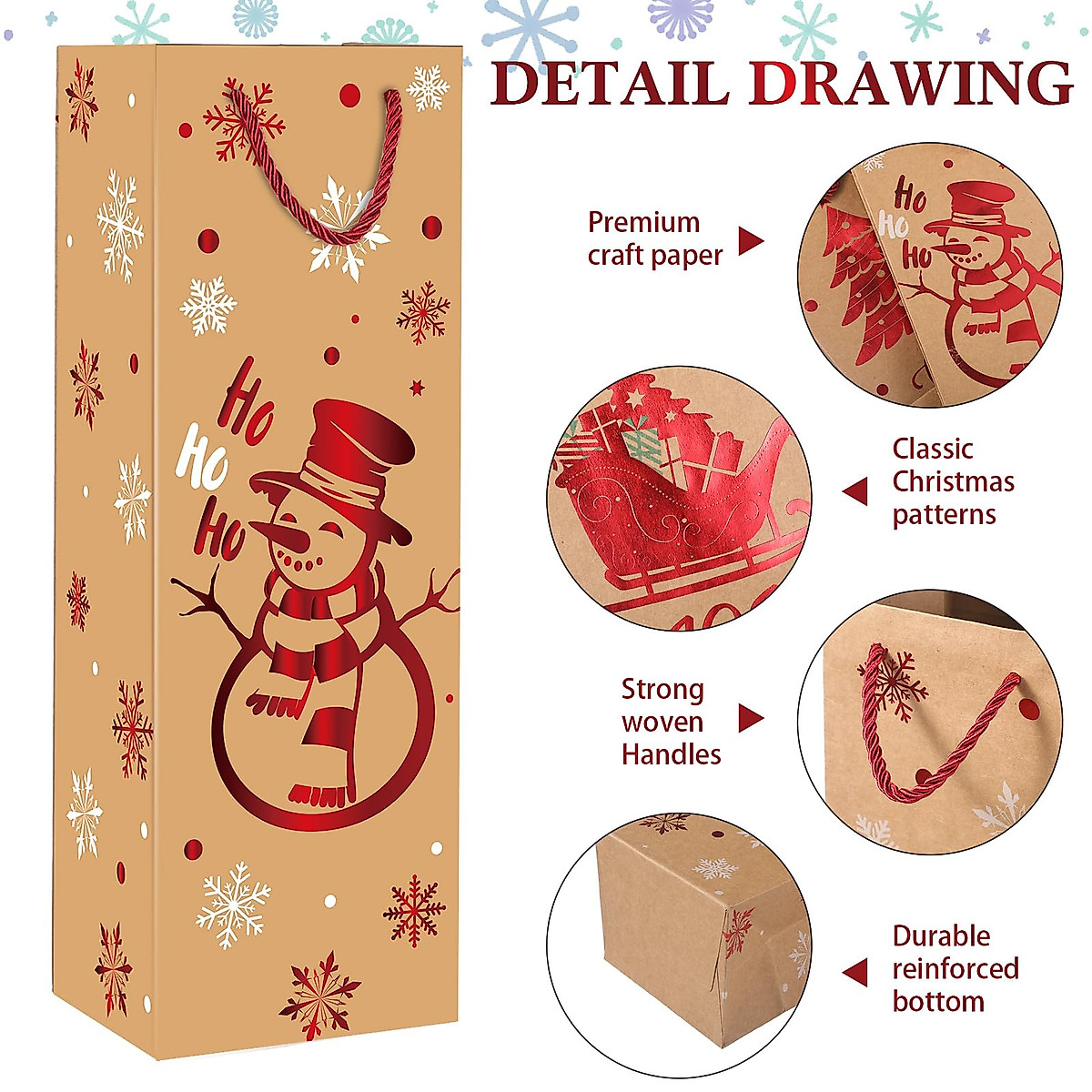 Pasimy 12 Pcs Christmas Wine Bags with Tissue Paper Christmas Red Foil Kraft Paper Wine Gift Bags with Handles Paper Assorted Design Wine Bags Gift Holiday for Bottle Wrapping Birthday Wedding Party