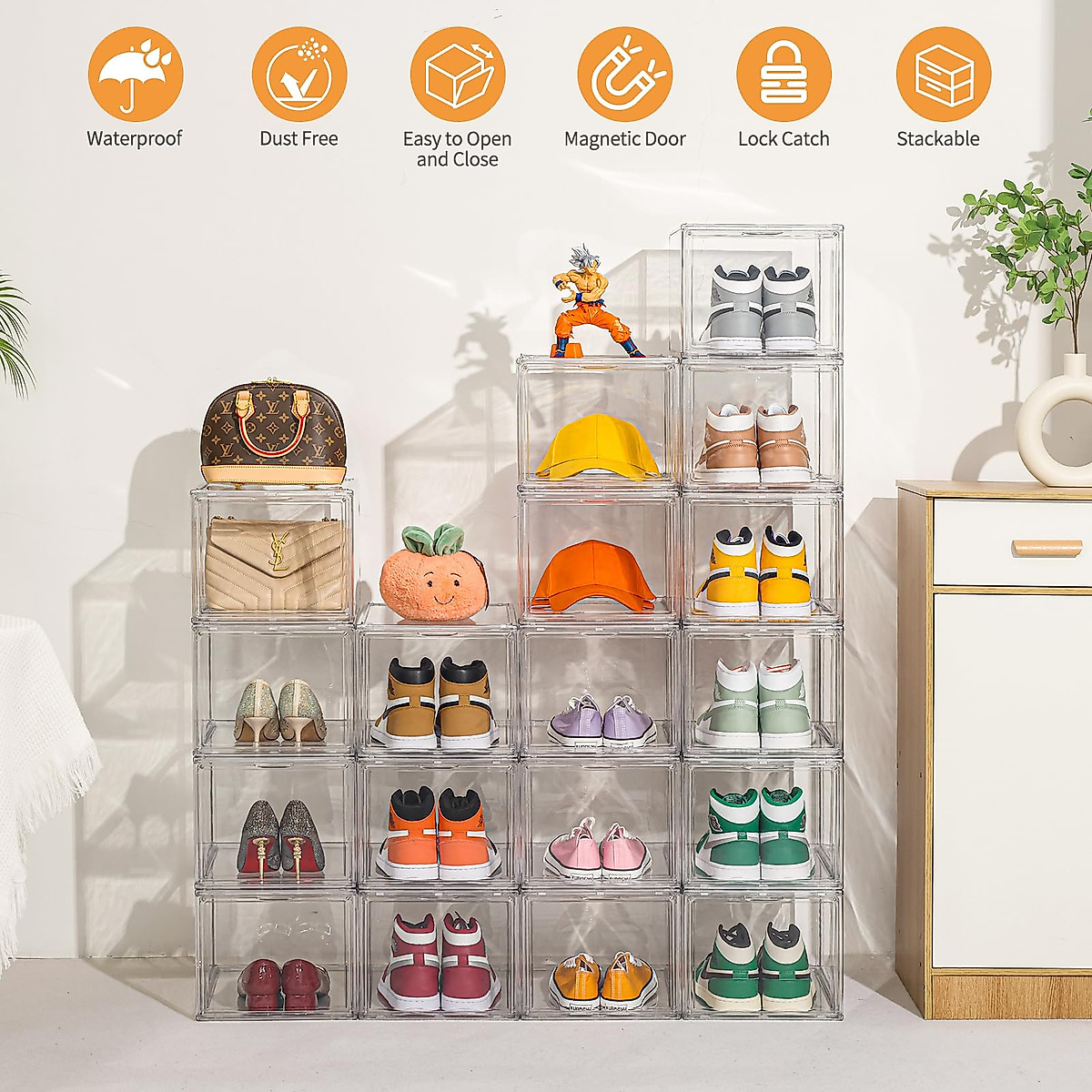 CKHXR 1 Pack X-Large Acrylic Clear Shoe Boxes,Professional Boot and Hat Display Case Organizer,Purse Organizer for Closet,360° Clear Plastic Stackable Sneaker Storage for Sneakerhead,Fits US Size 14.5