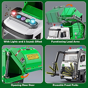 Garbage Truck Toys for Boys, 12" Big Trash Truck with Lights and Sounds, Friction Powered Waste Management Recycling Toy Set with 4 Trash Cans and Sorting Cards, Gift for Kids