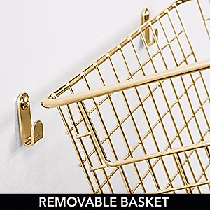 mDesign Wallmount Metal Storage Basket Tray with Handles - Decorative Organizer for Hanging in Entryway, Mudroom, Bedroom, Bathroom, Laundry Room - Small - Hooks Included - Soft Brass