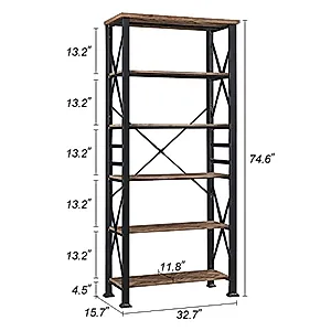 HOMBAZAAR Bookshelf, 6-Tier Industrial Bookshelves, Wood and Metal Bookcase,Free Standing Storage Small Modern Bookshelf for Living Room, Bedroom and Home Office，Brown