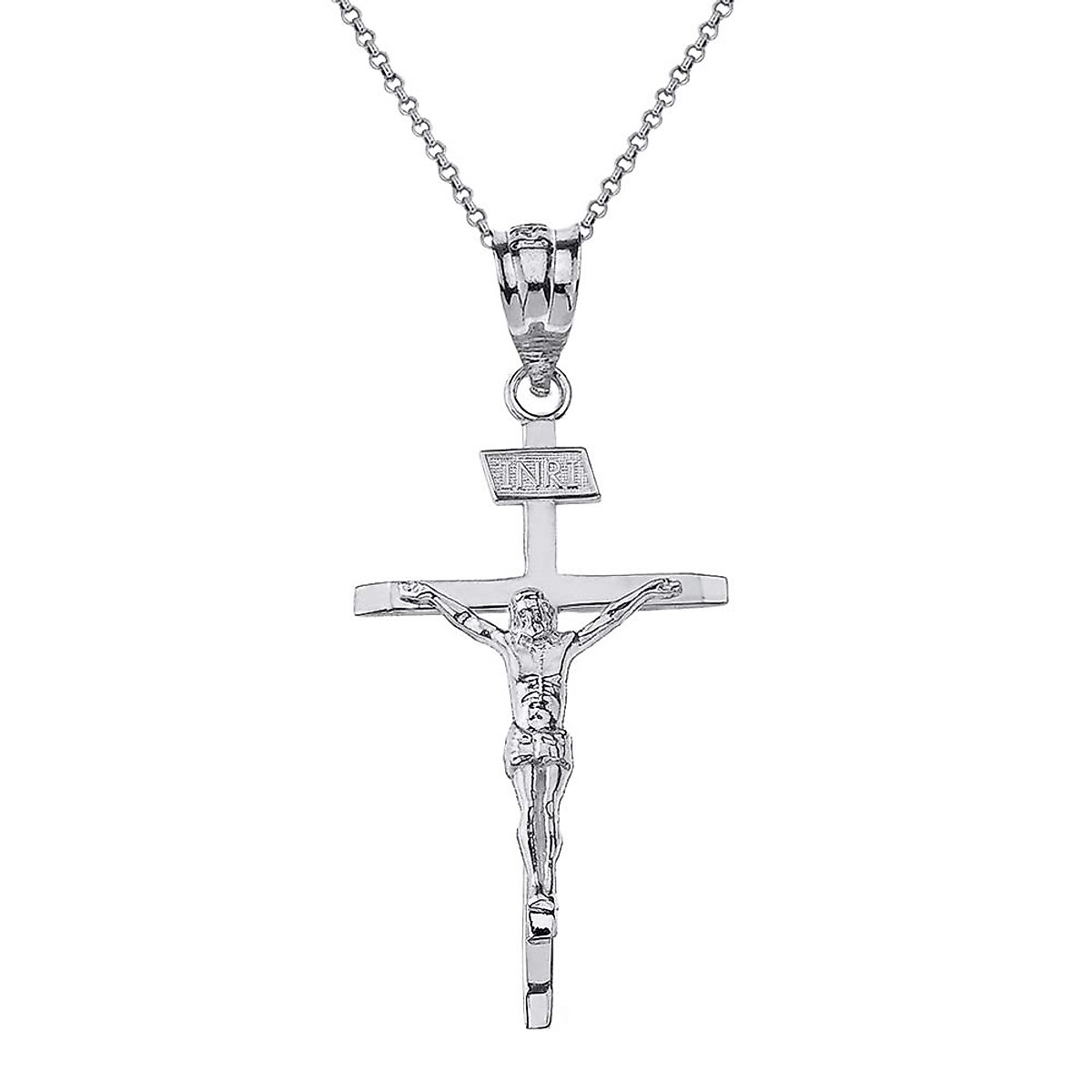 Solid 10k White Gold Catholic Jesus Christ on INRI Crucifix Cross Pendant Necklace (1.19"), 18"