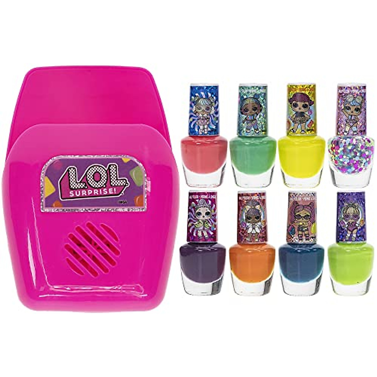 Townley Girl L.O.L Surprise Non-Toxic Peel-Off Water-Based Safe Quick Dry Nail Polish Gift Kit Set for Kids Set With Nail Dryer, AA Batteries Not Included, Ages 3+