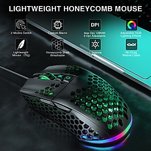 SOLAKAKA RGB Wired Gaming Mouse with Honeycomb Shell,Adjustable 12800 DPI,7 Programmable Buttons,Lightweight Gaming Mice Ergonomic Computer Mouse Gaming for Windows/PC/Mac/Laptop Gamer