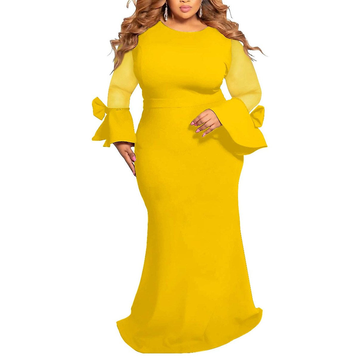 IyMoo Women's Sexy Plus Size Bodycon Ruffle Shoulder Cocktail Evening Mixi Dress Yellow 2XL