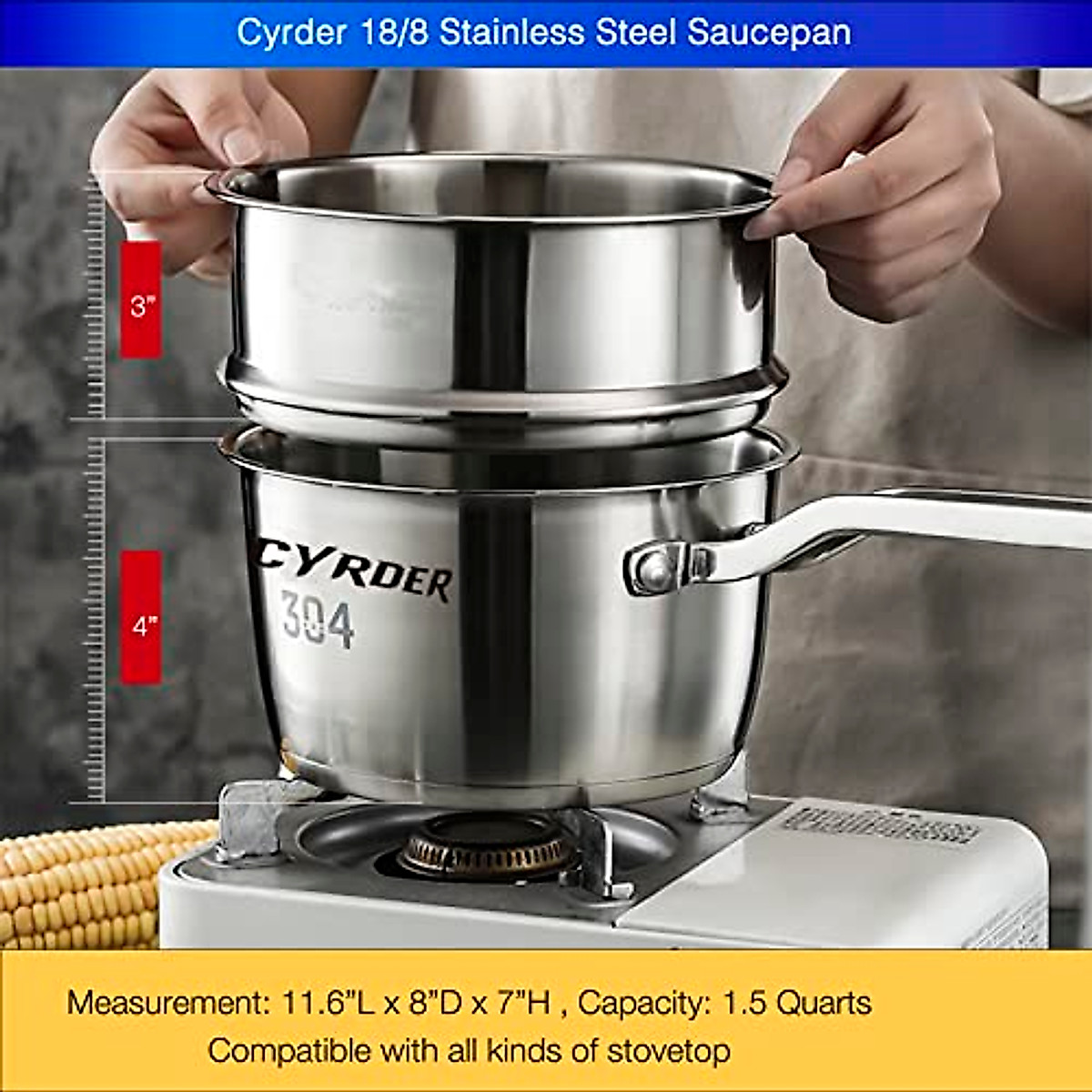 Cyrder 1.5 Quart Saucepan with Steamer Basket, 18/8 Premium Stainless Steel Sauce Pan, Duty Heavy Pot, Easy Pour With Ergonomic Handle, All Clad Tri-Ply Multipurpose Pot