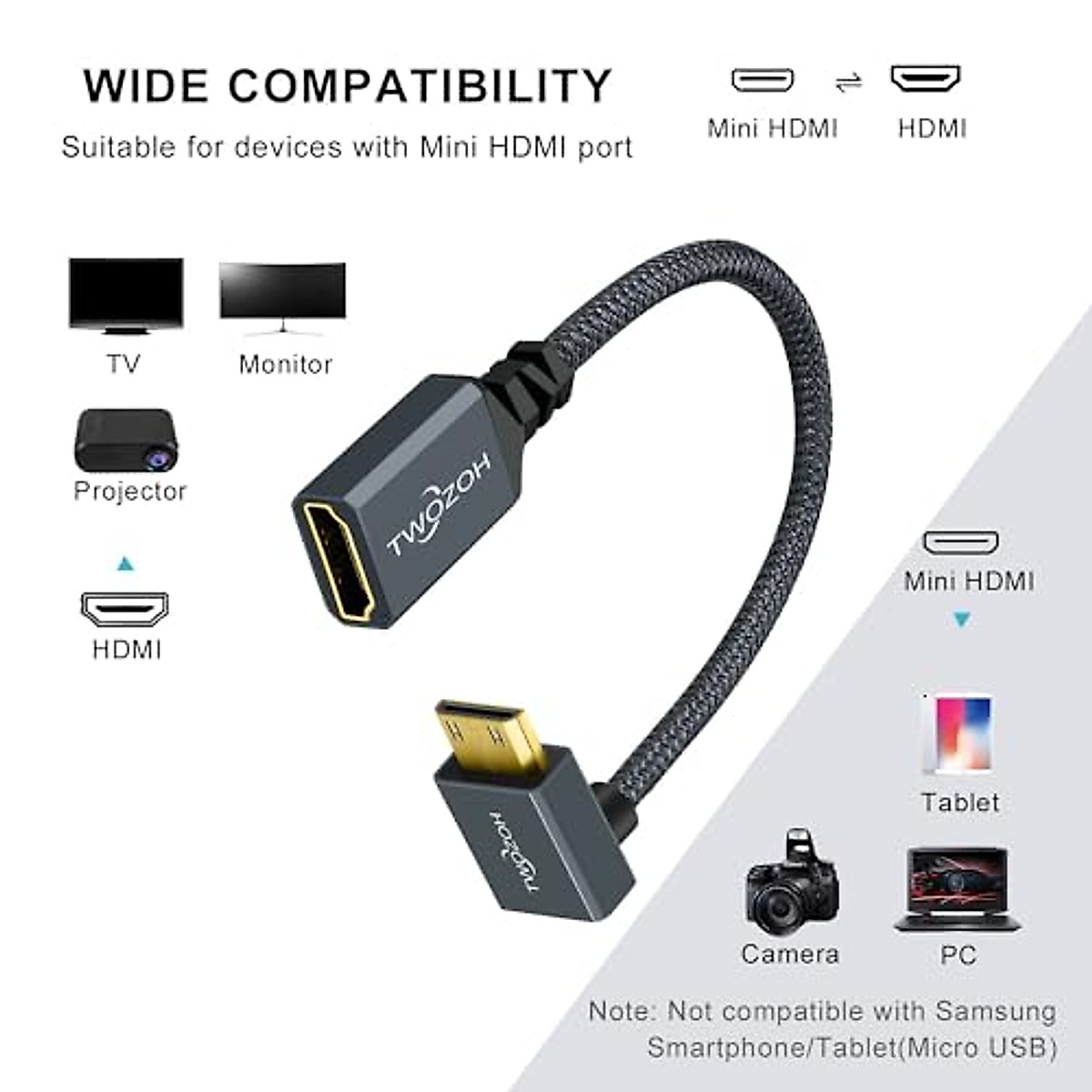 Twozoh Angled Mini HDMI to HDMI Adapter Cable 0.6FT，Nylon Braided Downward Angled 90° Degree Mini HDMI to HDMI Extension Cable Support 3D/4K 1080p