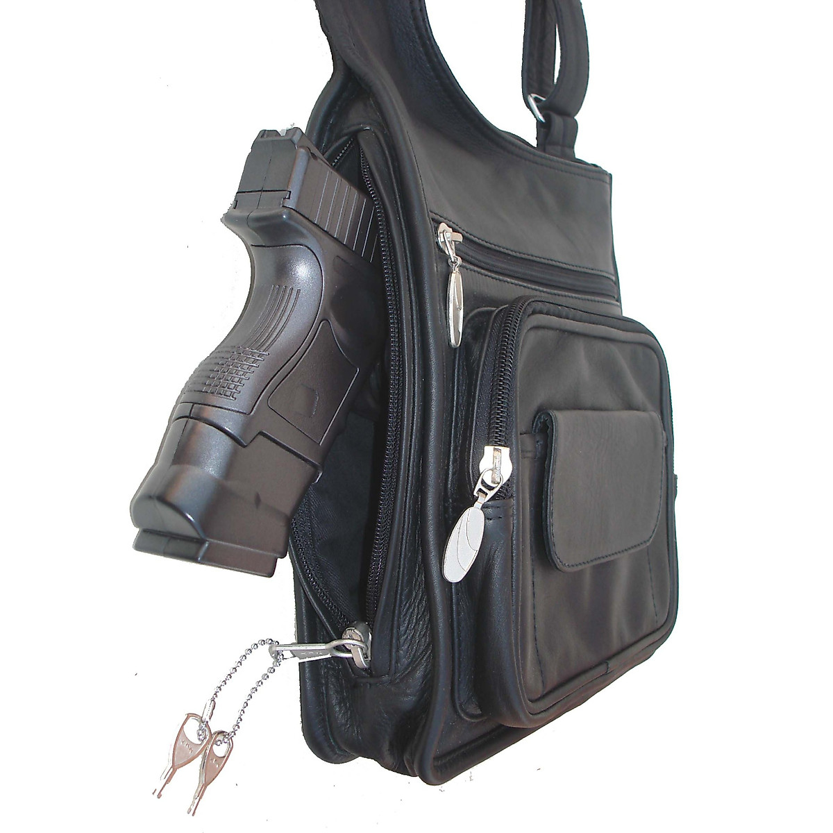 Conceal and Carry Black Leather Purse Compact Design but Highly Efficient includes Built-in Wallet and Locking Zipper for weapon security "The Lisa"