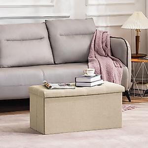 YOUDENOVA 30 inches Folding Storage Ottoman, 80L Ottoman Bench Footrest Stool, Linen Fabric Beige Storage Chest Padded Seat for Bedroom and Living Room, Support 350lbs