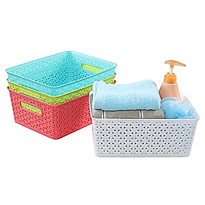 Jekiyo Plastic Storage Basket with Handles, Plastic Organizer Bins, 4 Packs