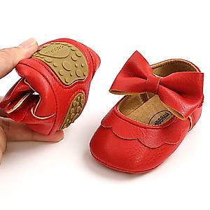LAFEGEN Baby Girls Mary Jane Flats with Bownot Non Slip Soft Sole PU Leather Newborn Infant Toddler First Walker Cirb Dress Shoes, 6-12 Months Infant, 07 Red