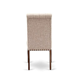 East West Furniture DOBR7-MAH-04 Nook Kitchen Set-Light Fawn Linen Fabric Button-tufted Parsons Chairs-Mahogany Finish 4 legs Hardwood Butterfly Leaf Rectangular Wood Dining Table and Frame, 7-Pc