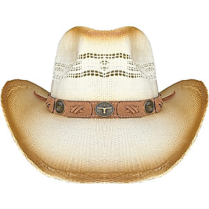 Western Outback Cowboy Hat Men's Women's Style Straw Felt Canvas (Western Bull)
