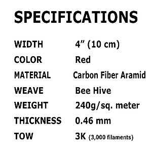KARBXON - 4 in x 10 ft – Beehive Weave - Carbon Fiber Aramid Fabric - Red - 3K - 240g/meter - Beehive Weave 4” Wide Hemmed Fabric for Repair, DIY Projects (4, 10 ft)