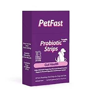 Petfast Probiotic Strips for Dogs and Cats, Pumpkin Flavor, 10 Billion CFUs, 30 Fast Dissolving Oral Strips, Improved Gut Health