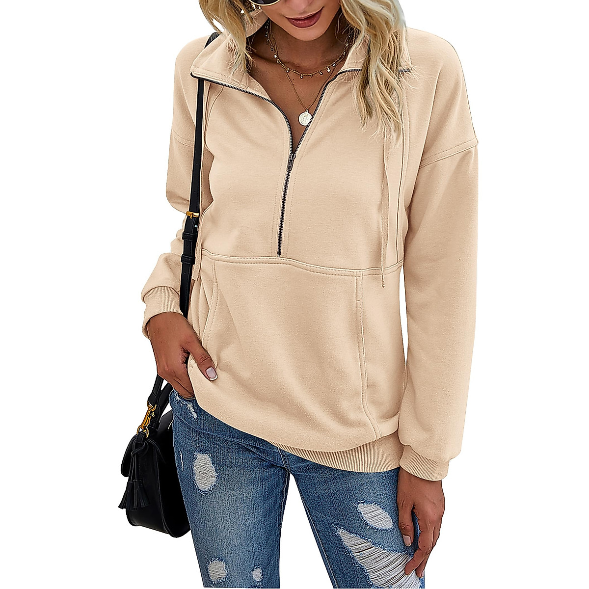 PRETTYGARDEN Women's Casual Long Sleeve Lapel Zipper Sweatshirt Drawstring Loose Pullover Tops (Apricot, Large)