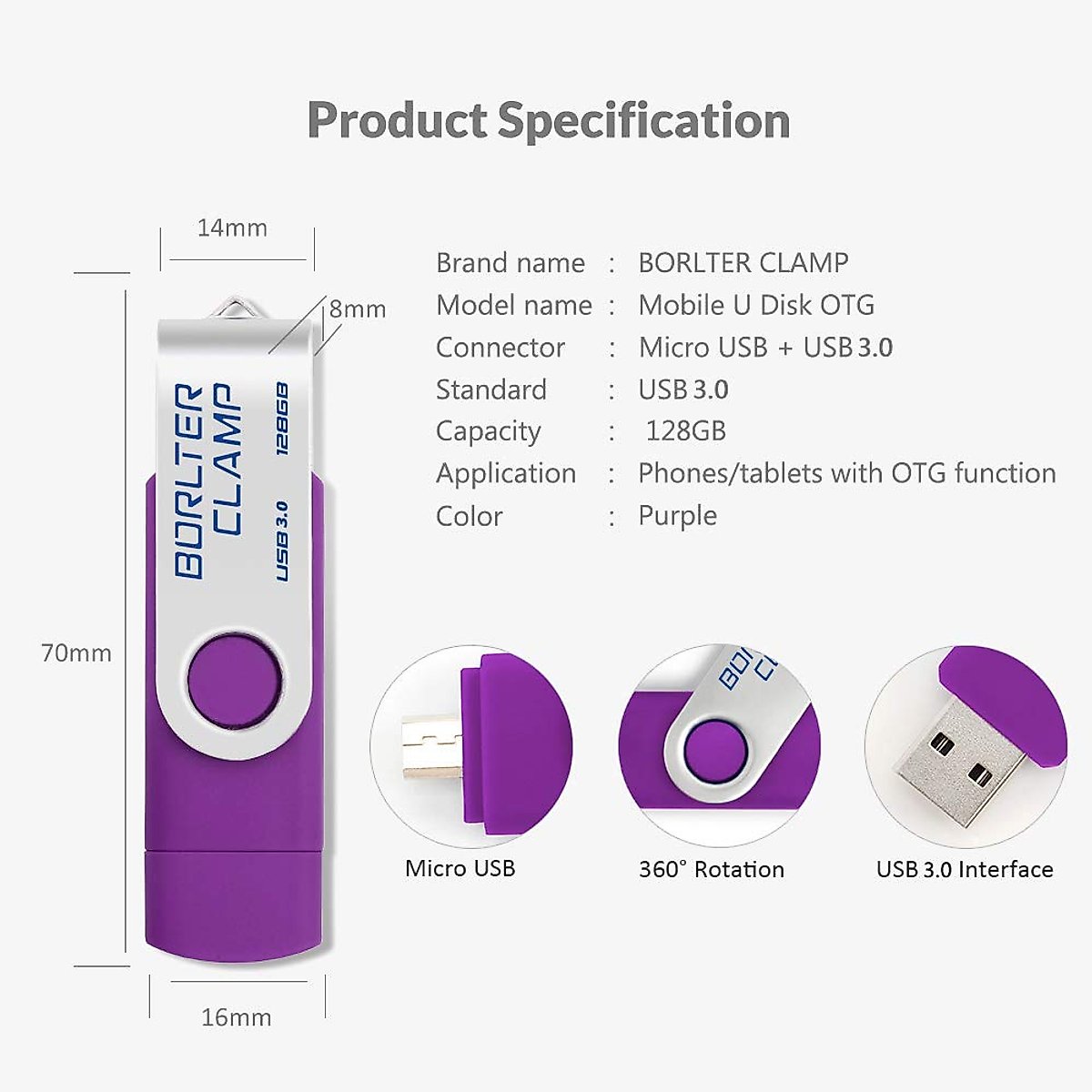 BorlterClamp 128GB USB 3.0 Flash Drive Dual Port Memory Stick, OTG Swivel Pen Drive with Micro USB Drive Port for Android Smartphone Tablet & Computer (Purple)