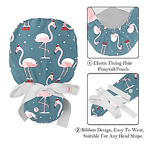 Adjustable Scrub Bouffant Caps, 2 Packs Christmas Flamingo Working Hat Hair Cover with Ponytail Pouch, Soft Surgical Nurse Cap
