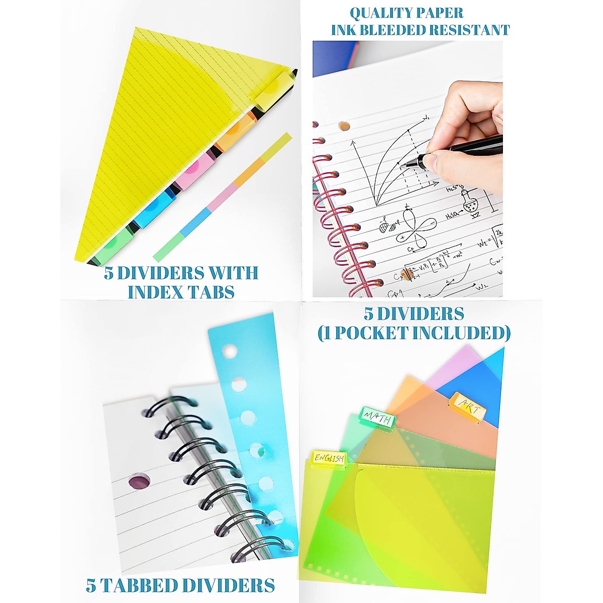 MOWEE Spiral Notebook - 5 Subject Notebook, College Ruled Notebook 3-Hole Punched With Dividers, Storage Pockets, 11" Ruler, 100 Sheets of 200 Pages, for Writing Journal, Home &Office, School