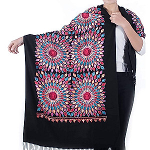 Urban CoCo Women's Embroidered Oversize Tassel Shawl Scarf Wraps for Women (Black)