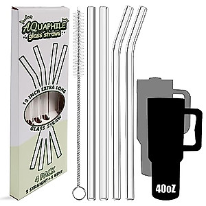 Reusable Glass Straws, Replacement Straws Compatible with 40 oz Stanley Tumbler, 4 pack Wide Straws with Cleaning Brush for Smoothies, Long Straws for Stanley Cup Accesspries, Dishwasher Safe