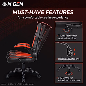 N-GEN Video Gaming Computer Chair Ergonomic Office Chair Desk Chair with Lumbar Support Flip Up Arms Adjustable Height Swivel PU Leather Executive PC Chair with Wheels for Adults Women Men (Red)