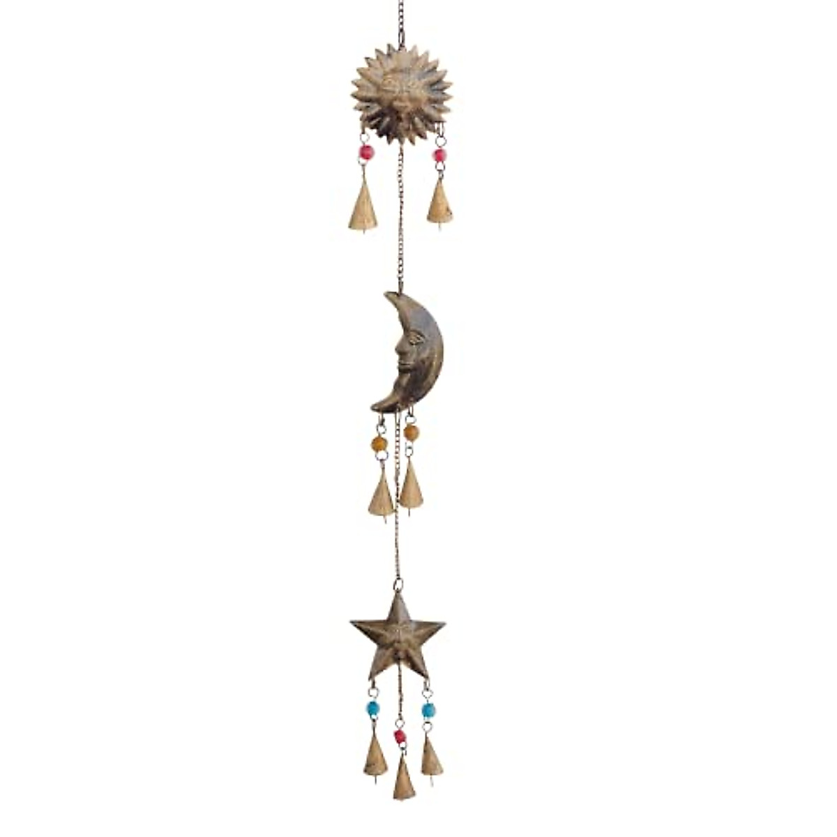 Mie Creations Sun Moon Star Face Wall Hanging Décor Chime Bells | Metal Cutouts Ornaments, Crescent Moon Phases Garland Art | Celestial, Earthy Decorations | Wicca Pagan Christmas Décor -Antique Gold