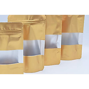 QQ Studio Pack of 100 Matte Color Resealable Stand Up Snack Packaging Pouches Bags with Frosted Window for Candies, Gummies, Organic Candies (Gold, 4.5oz)