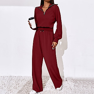 DOLKFU deals of the day clearance prime lounge set Womens Half Zip Long Sleeve Casual Hoodies Tracksuit Wide Leg Loose Jogger Pant Fall Fashion 2 Piece Outfits Red L