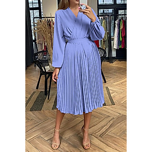 PRETTYGARDEN Women's Spring Midi Dress Long Puff Sleeve Wrap V Neck Flowy Ruffle Pleated Casual Fall Dresses (Blue,Large)