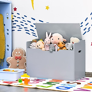 Costzon Kids Wooden Toy Chest, Wide Toy Box Storage Chest with Bench Seat, Toy Storage Trunk Case with Finger-Pinch Prevention, Lift-Top Foot Rest Seat for Toddler Bedroom Playroom Entry (Grey)